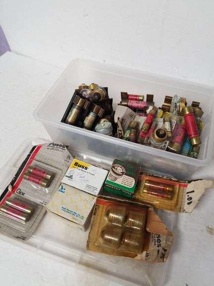Collection of Various Electrical Fuses and Holders in Plastic Bin ...