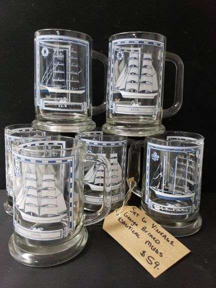 6-Piece Lot of Vintage George Briard Glass Mugs Featuring Nautical Ship ...