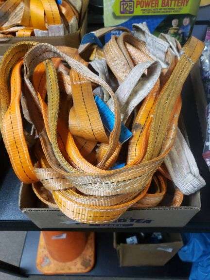 Box of assorted lifting and tie-down straps - Trice Auctions