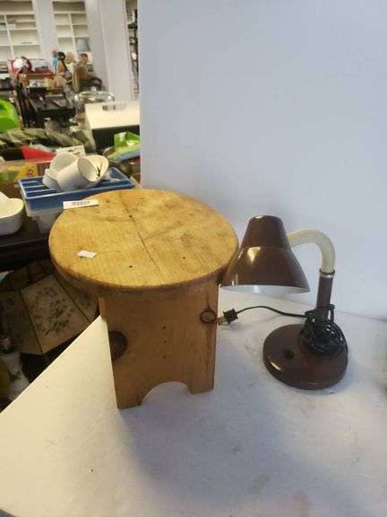 Wooden Stool and Brown Desk Lamp - Trice Auctions