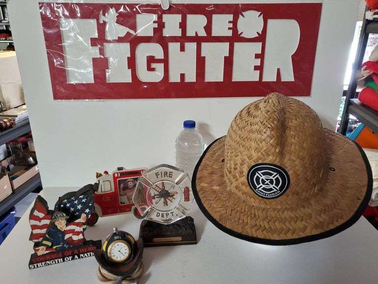 Firefighter Memorabilia Lot with Hat, Clock, Plaques, and Photo Frame ...