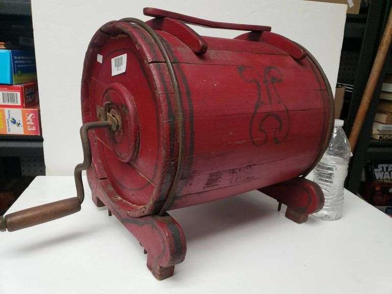 Red Hand-Cranked Barrel Butter Churn With Painted Design - Trice Auctions