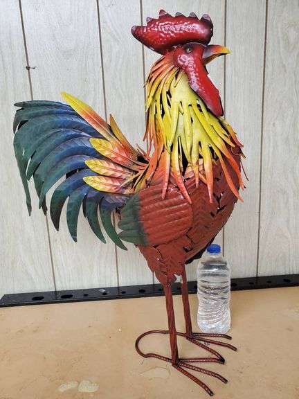 Colorful Metal Rooster Sculpture Standing 2 Feet Tall - Trice Auctions