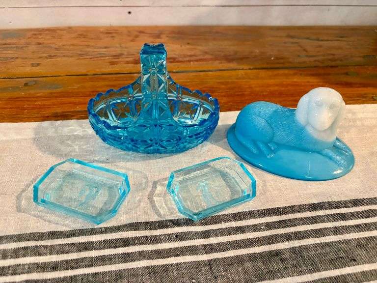 Blue Indiana Glass Lot + Dog on a nest lid - Trice Auctions