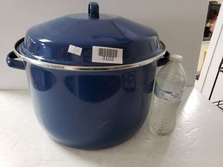 Blue Enamel Stock Pot with Lid and Side Handles - Trice Auctions
