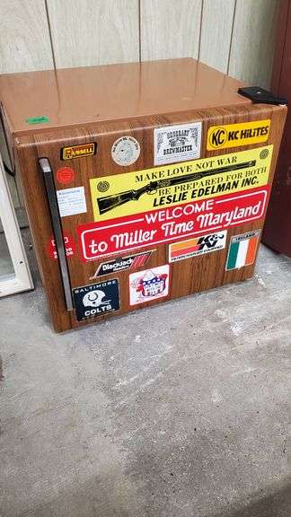 Mini Refrigerator Covered in Various Stickers With Sears Kenmore Label ...