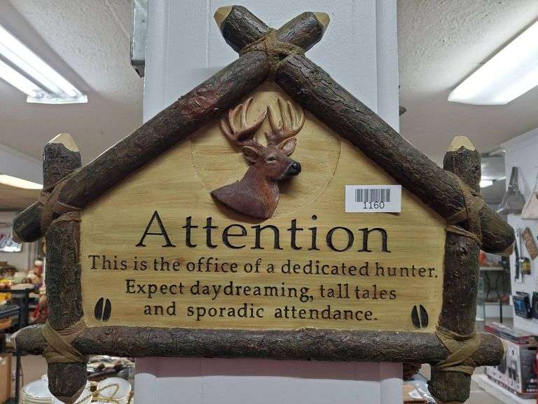 19in x 14in Hunter Sign with Deer Design and Rustic Frame - Trice Auctions