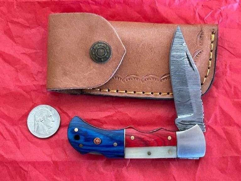 Red White & Blue Damascus Steel Large Folding Buck Style Pocket Knife ...