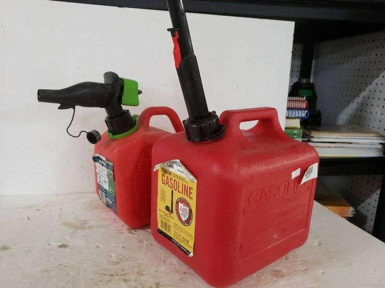 Two Red Plastic Gasoline Containers with Spouts - Trice Auctions