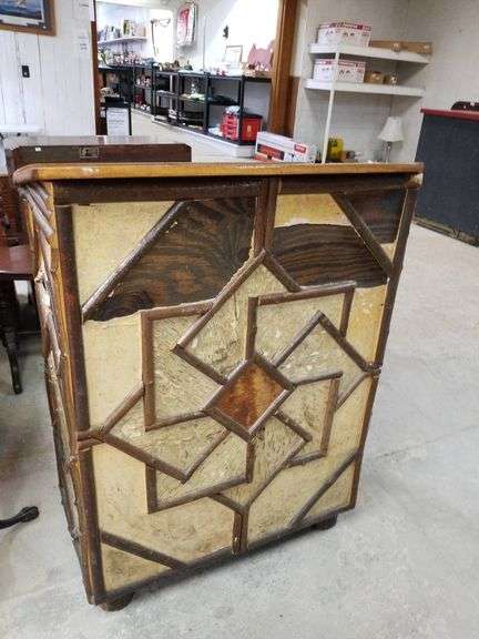 Rustic Wooden Hostess Stand With Geometric Trim - Trice Auctions