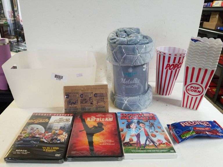 Movie Night Bundle with Blanket, DVDs, Popcorn Cups, and Snacks - Trice ...