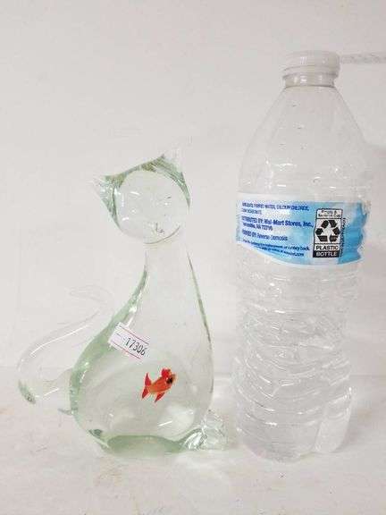 Handcrafted Clear Glass Cat Figurine with Red Fish Accent - Trice Auctions