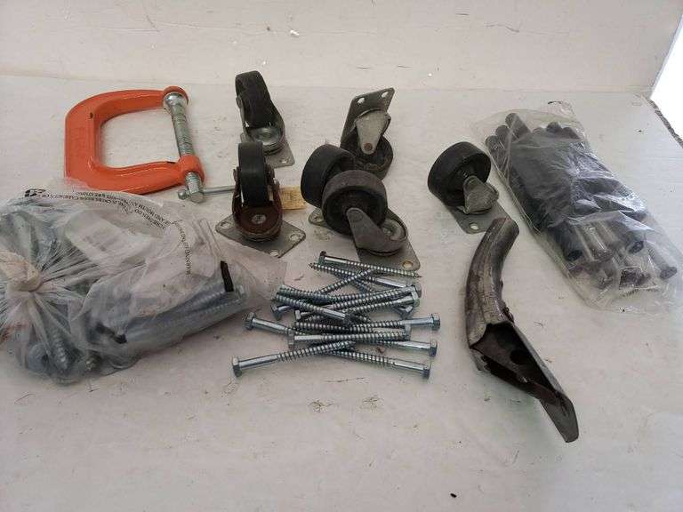 Assorted Hardware Lot with Casters, Screws, and C-Clamp - Trice Auctions