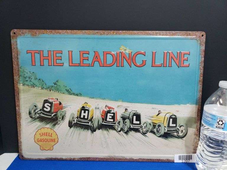 Shell Gasoline Metal Advertising Sign Featuring Racing Cars - Trice ...