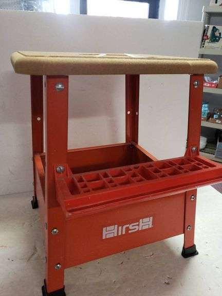 Hirsh Industrial Stool with Storage and Red Frame - Trice Auctions