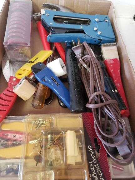 Assorted Toolbox Items Including Tools, Curtain Hooks, and Hardware - Trice Auctions