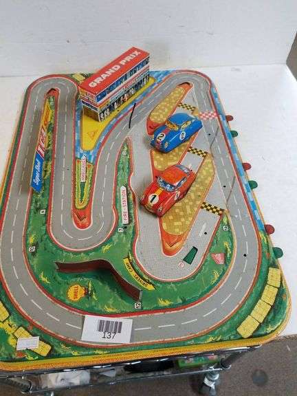 Tinplate Grand Prix Racing Set with Track, Cars, and Garage - Trice ...