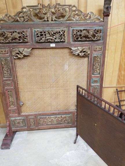 Antique Hand-Carved Wood Headboard with Intricate Panels and Cane Inset ...