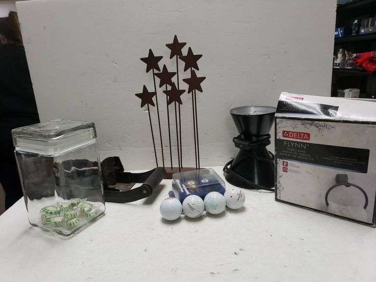 Assorted Items Including Golf Accessories, Glass Jar, Metal Star Decor ...