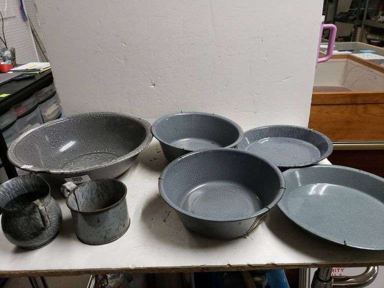 Set of Gray Enamelware Bowls, Cups, and Plate - Trice Auctions