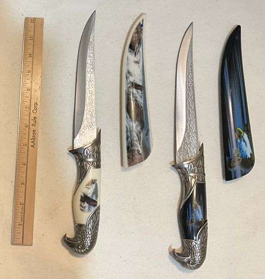 Black & Ivory Colored Eagle Knives w/ fancy Engraved Blades, see ...