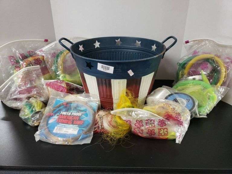 Collection of Fishing Accessories and Decorations with Metal Bucket ...