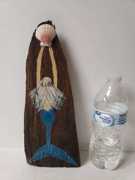 Decorative Mermaid Wall Art on Natural Driftwood with Seashells - Trice Auctions