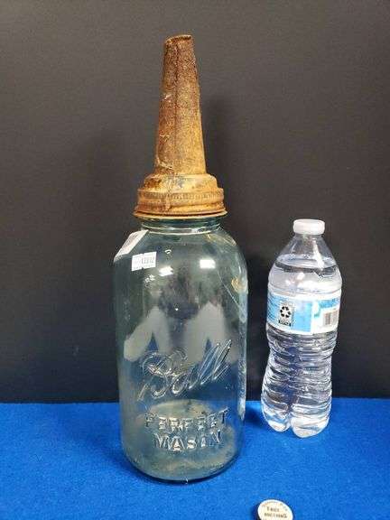 Ball Perfect Mason Jar With Rusted Metal Funnel Top - Trice Auctions