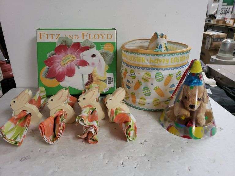 Easter Decor Lot with Fitz and Floyd Plate, Napkin Holders, Basket, and ...