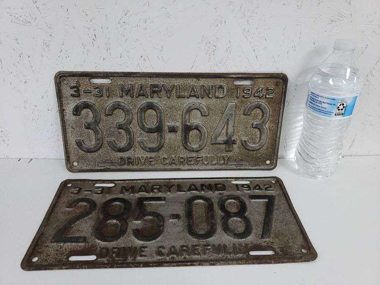 Pair of 1942 Maryland License Plates with Drive Carefully Slogan ...