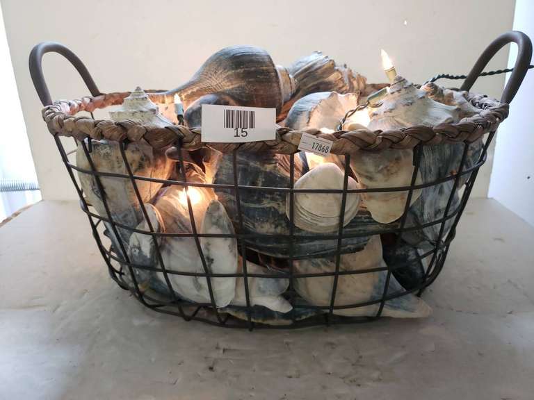 Metal Basket With Large Seashells and String Lights - Trice Auctions