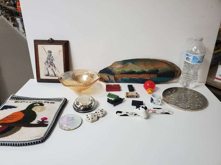 Collection of Household and Decorative Items Including Artwork and Bowl ...