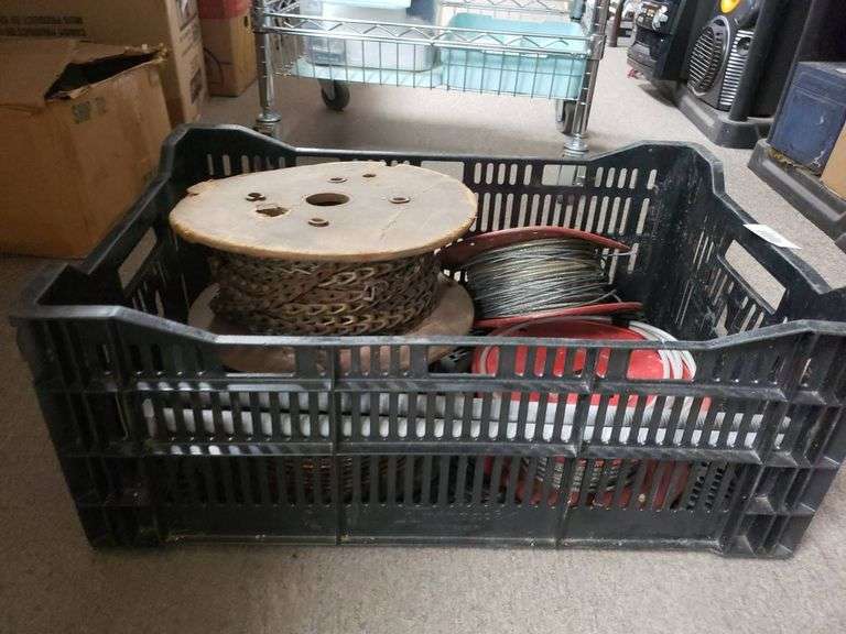 Collection of Spools With Chain, Wire, and Cable in Plastic Bin - Trice ...