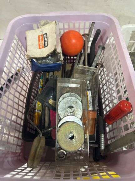 Assorted Hand Tools, Hardware, Screws, and Work Light in Baskets ...