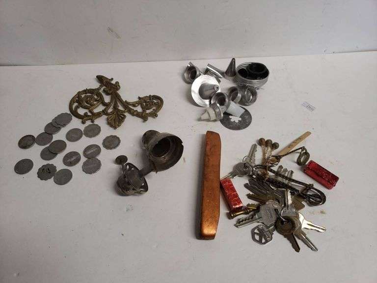 Mixed Lot of Metal Items, Coins, Keys, Hardware, and Decorative Pieces ...