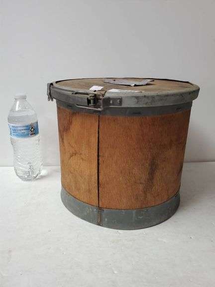 Round Wooden Container with Metal Bands and Clasp Lid - Trice Auctions