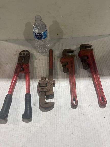 Lot of 4 Red Hand Tools, Including Pipe Wrenches and Bolt Cutter ...