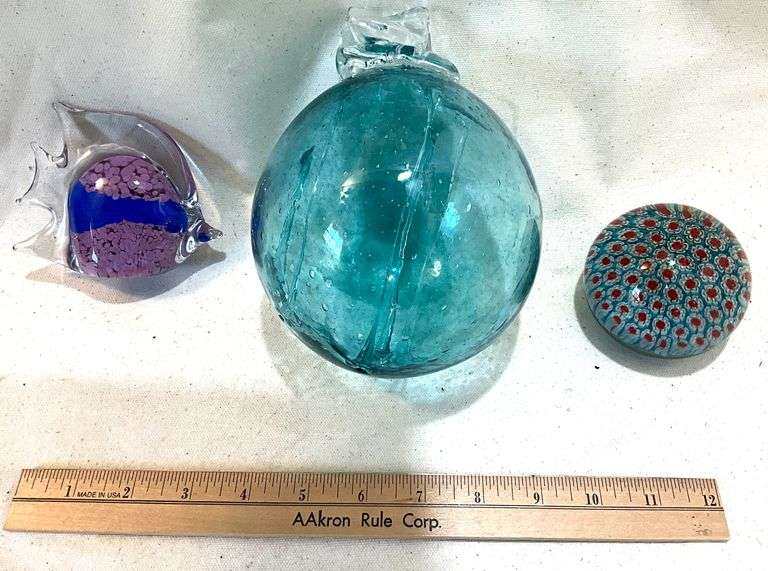 Unusual Blown Glass Sphere, Art Glass Fish & Paperweight, see details ...