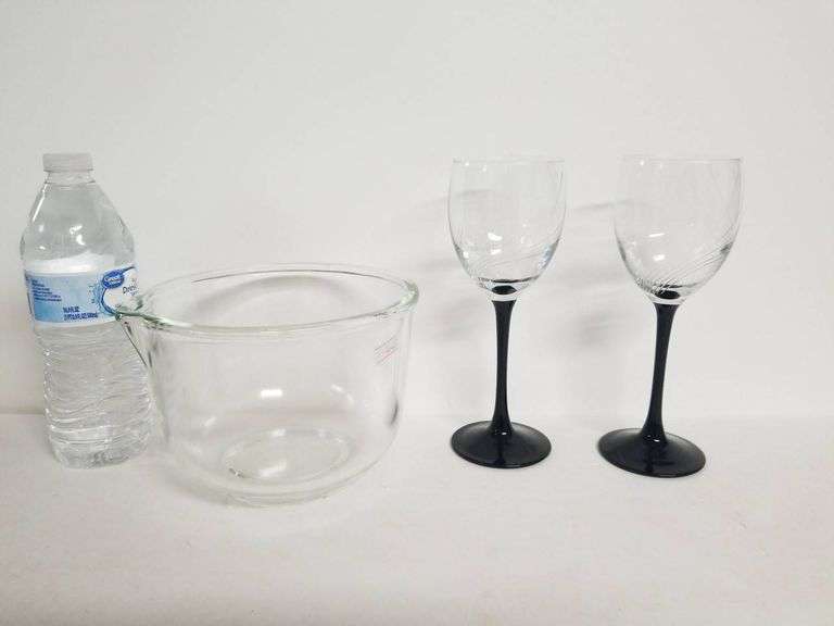 Set of Glass Mixing Bowl and Two Wine Glasses with Black Stems - Trice ...
