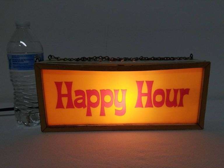 Illuminated ‘Happy Hour’ Sign with Wooden Structure - Trice Auctions
