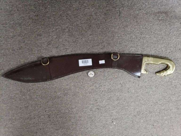 Curved Blade Sword With Ornate Brass Handle and Sheath - Trice Auctions
