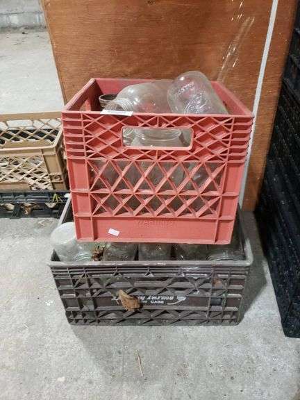 Stack of Plastic Crates with Assorted Glass Jars - Trice Auctions