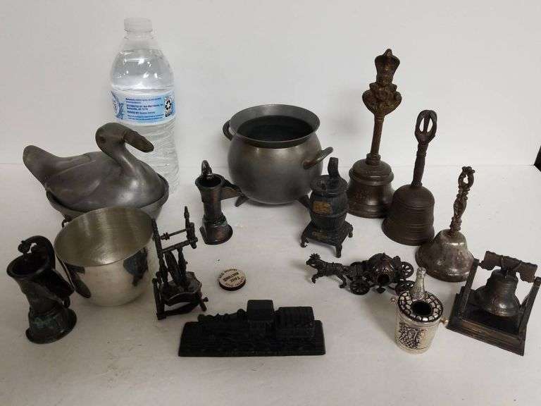 Collection of Metal Bells, Miniature Figurines, and Pewter Items ...