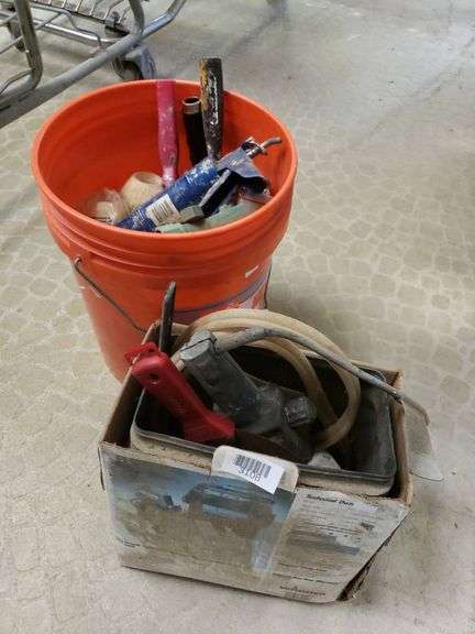Assorted Tools in Bucket and Box Including Caulking Gun and Paint ...