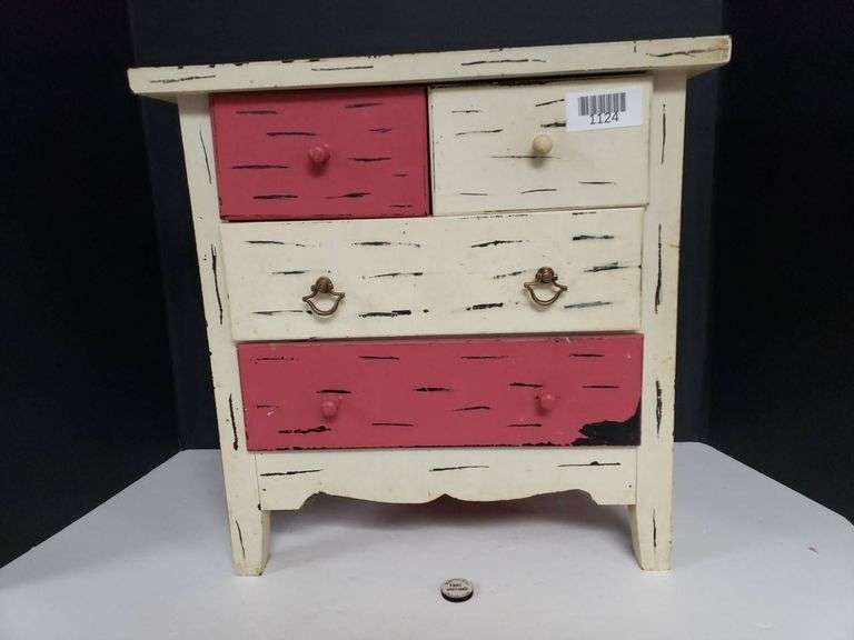 Checkerboard-Style Miniature Chest with Distressed Red and Cream Finish ...
