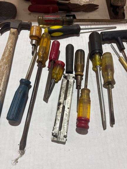 Assorted Hand Tools Including Hammers, Screwdrivers, Brushes, and More ...