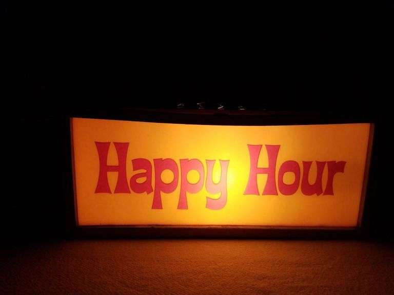 Illuminated ‘Happy Hour’ Sign with Wooden Structure - Trice Auctions