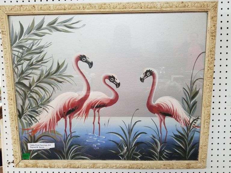 1940s Pink Flamingo Art Signed by M. Devoe in Ornate Frame - Trice Auctions