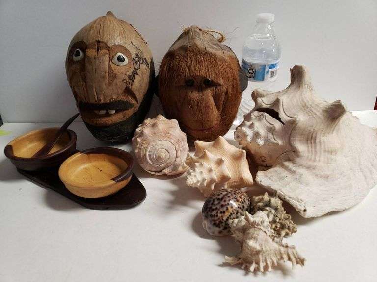Collection of Decorative Coconut Sculptures, Seashells, and Small Bowls with Spoon - Trice Auctions