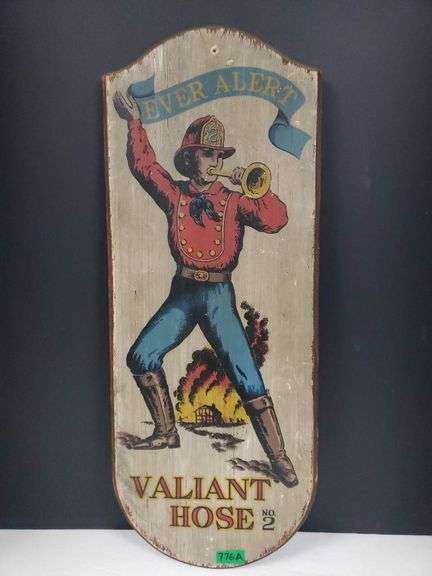 Wood Advertising Sign Featuring ‘Valiant Hose No. 2’ Firefighter Motif ...